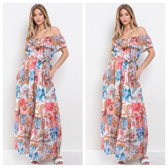 ShopEvelynne | Dresses | 29 Boho Print Off Shoulder Tiered Maxi Dress ...